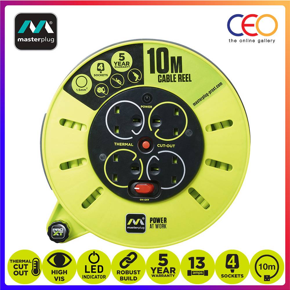 Masterplug Pro-XT 10 Meter 4 Gang 13A Cassette Reel Portable Extension ...