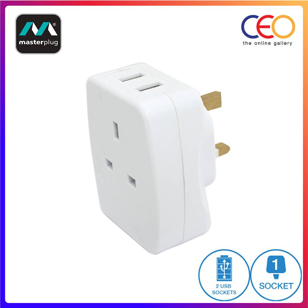 Masterplug 1 Gang 2 USB 2.1A 3-Pin Charging Adapter Power and Charge ...
