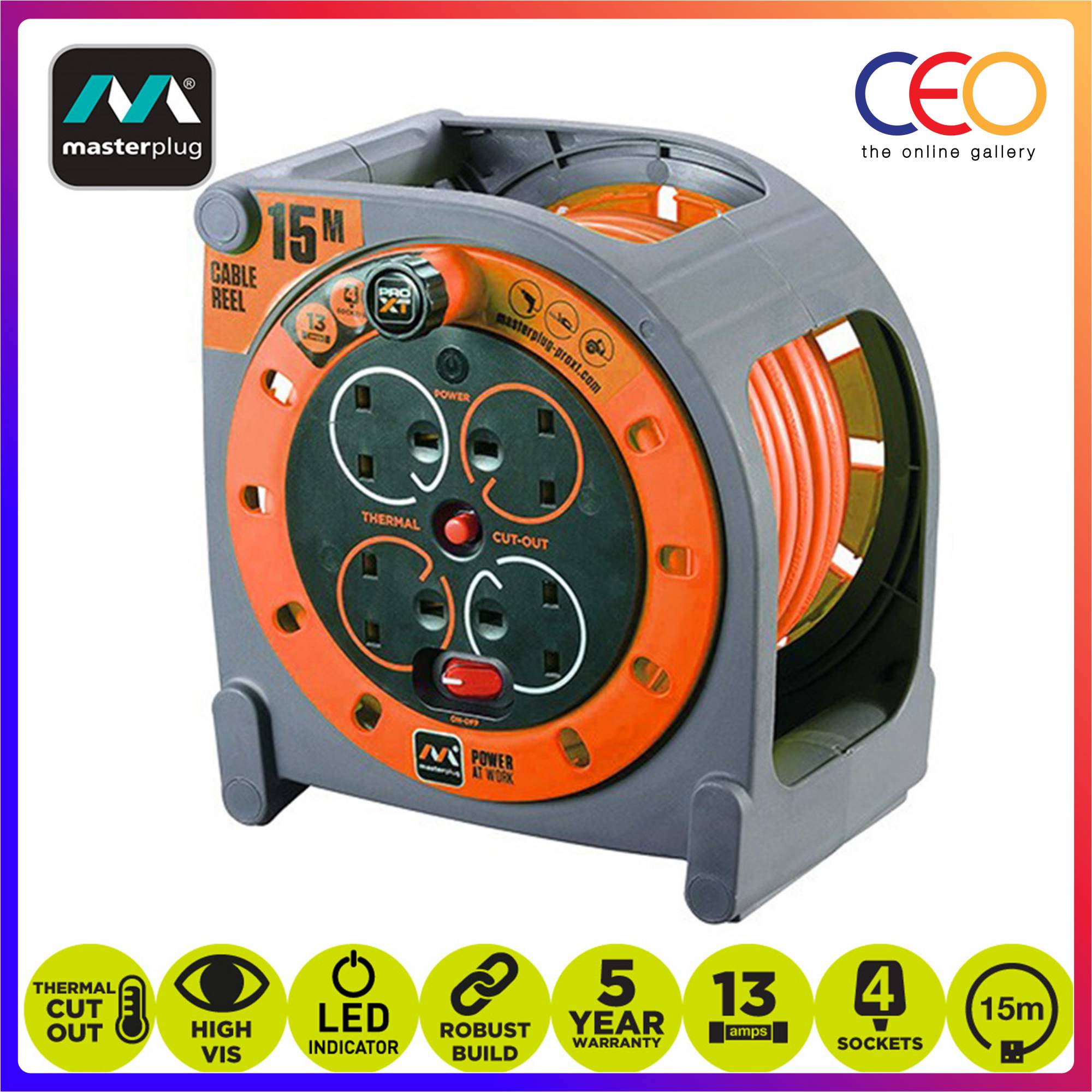 Masterplug Pro-XT 15 Meter 4 Gang Case Reel Orange (HMU15134SL-PX)