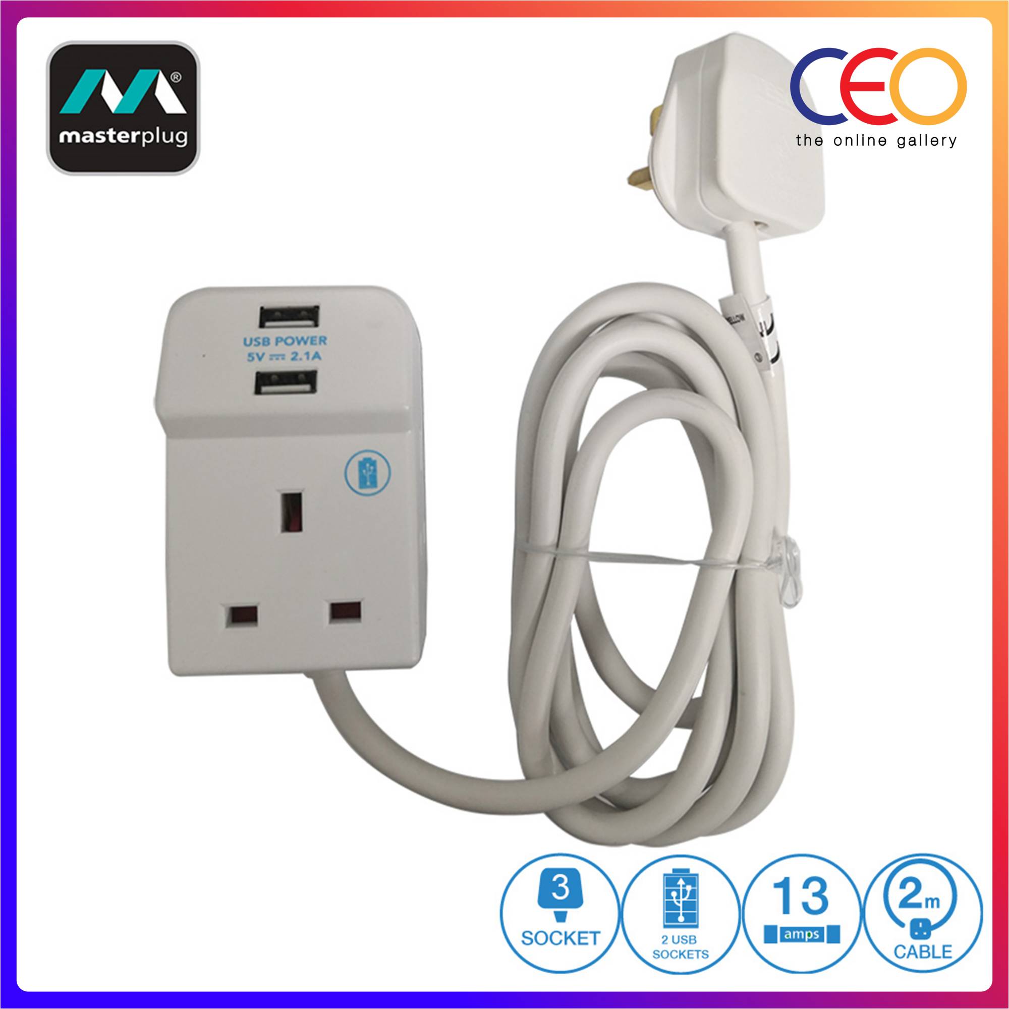 Masterplug 2 USB 2.1A Shared Charging 3 Gang 13amp Extension Lead Cord ...
