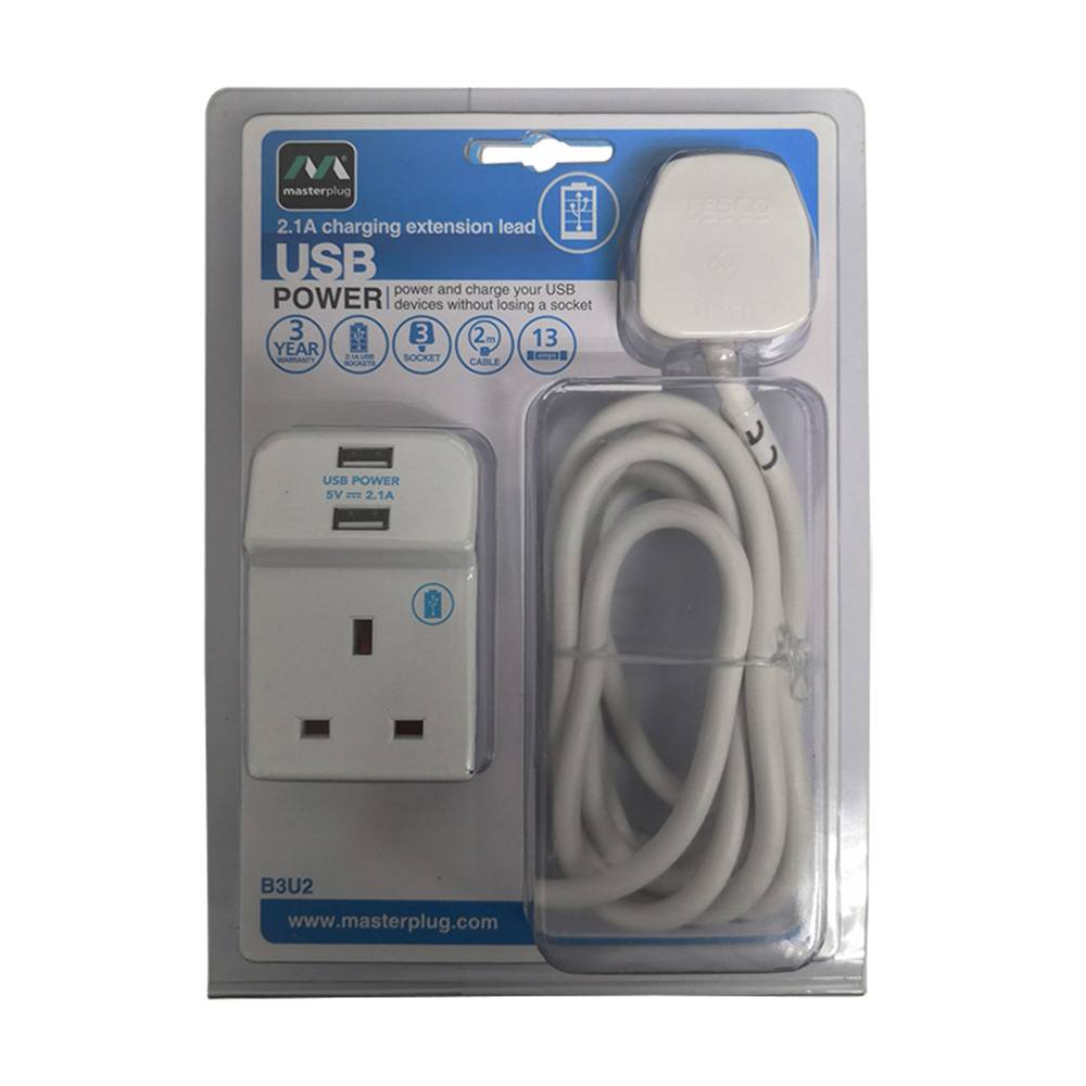Masterplug 2 USB 2.1A Shared Charging 3 Gang 13amp Electrical Extension ...