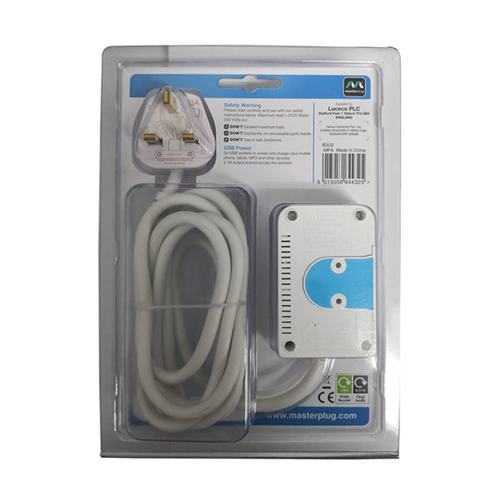Masterplug 2 USB 2.1A Shared Charging 3 Gang 13amp Electrical Extension ...