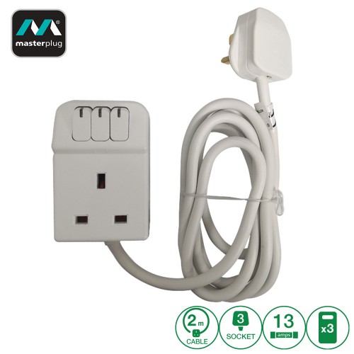 Masterplug 3 Gang 13amp Individual Switched Power Extension Lead 2m ...