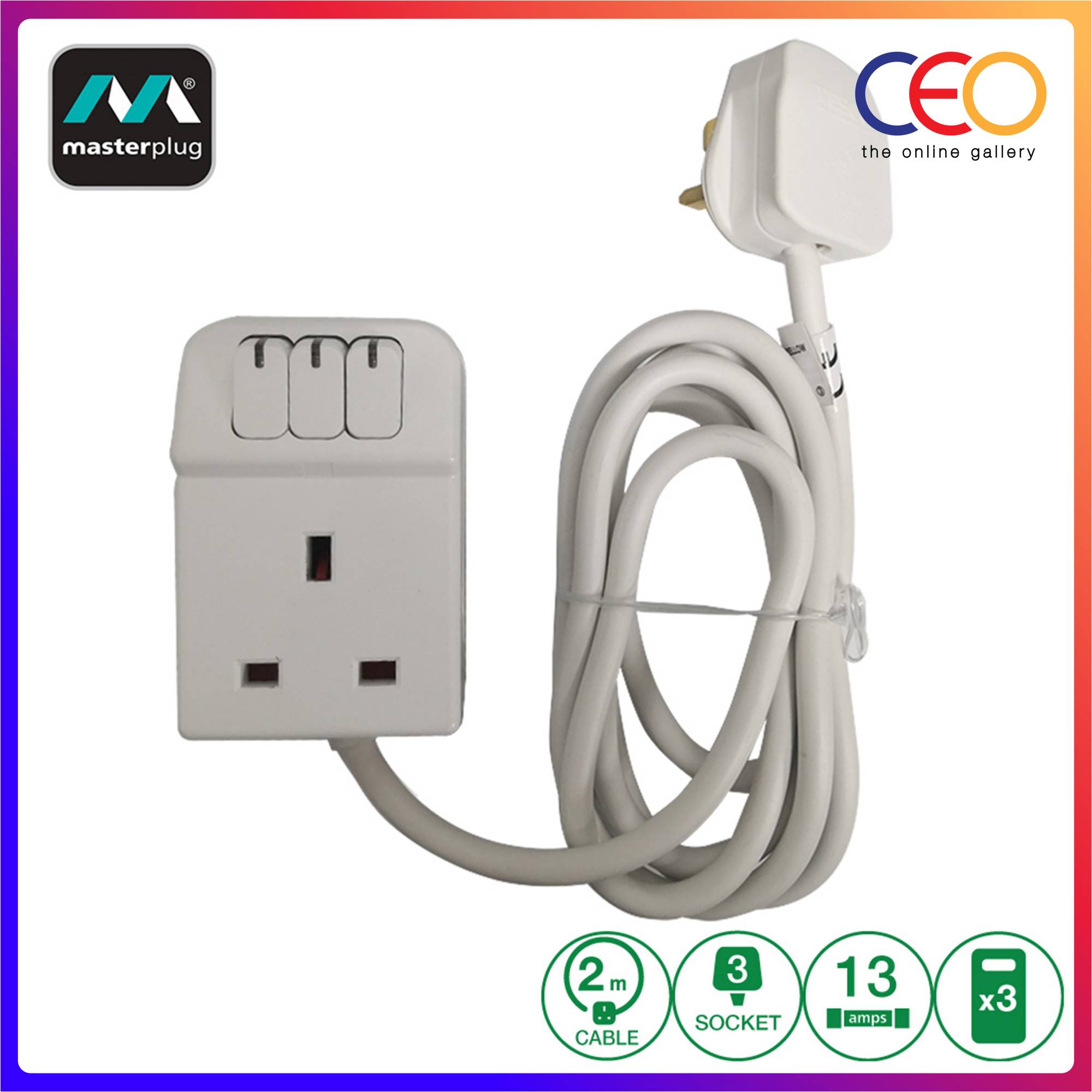 Masterplug 3 Gang 13amp Individual Switched Power Extension Lead 2m ...