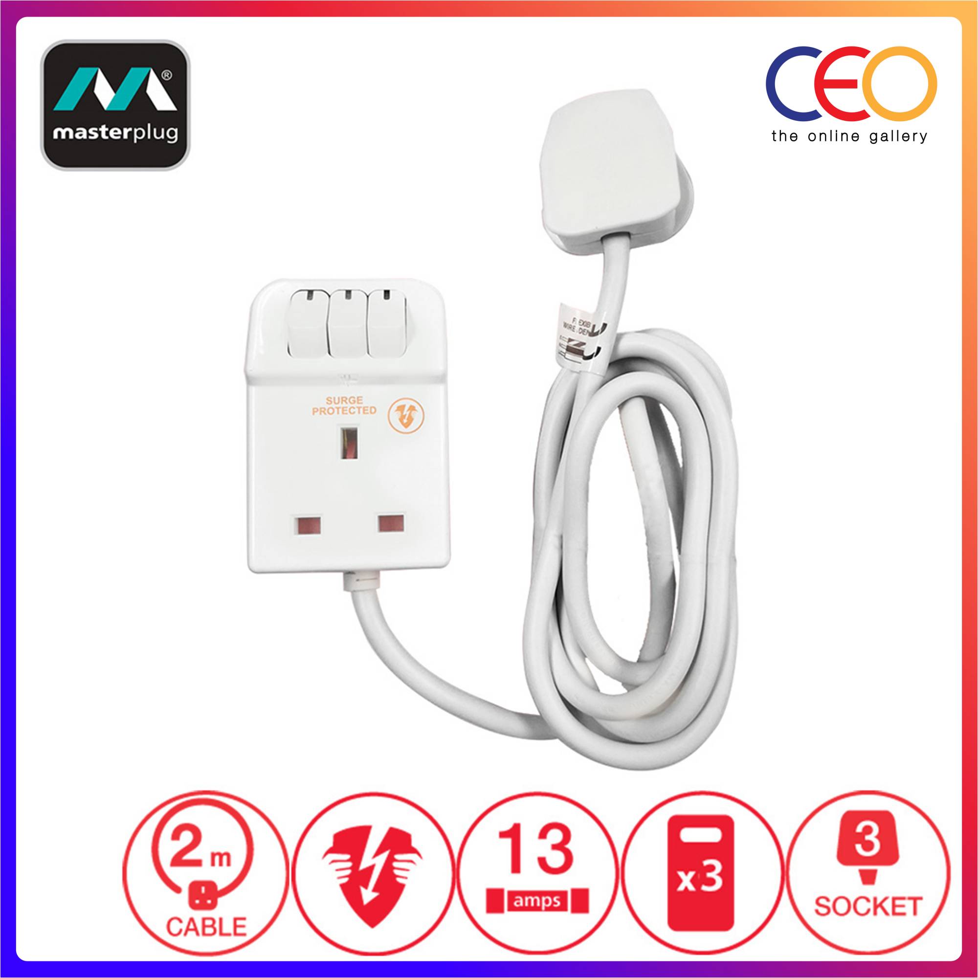 Masterplug Surge Protector 3 Gang 13Amp Switched Extension Lead 2 Meter ...