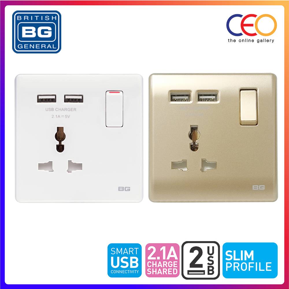 British General Single Universal Switched Socket Outlet 2 USB 2.1A