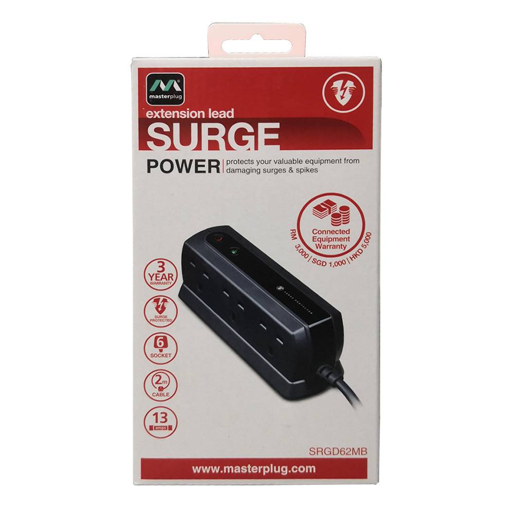Masterplug Surge Protector 6 Gang 2 Meter Extension Lead SRGD62MB