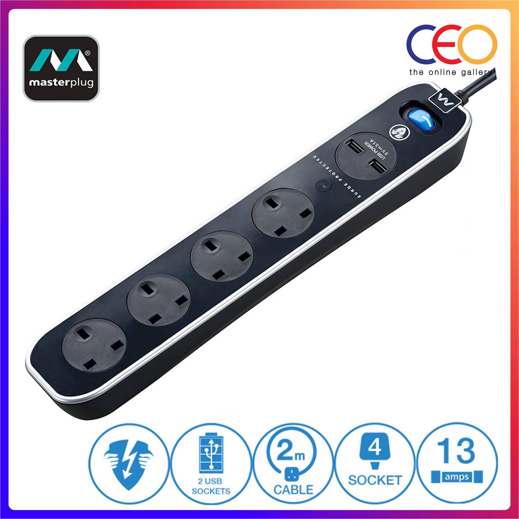Masterplug Surge Protector 4 Gang 2 USB 3.1A 2 Meter Extension Leads ...