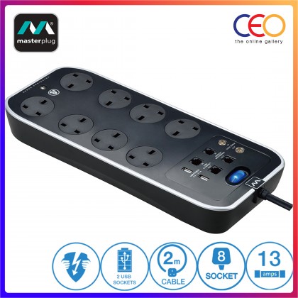 Masterplug Surge Protector 8 Gang 2 USB (3.1A) 2 Meter Extension Leads ...