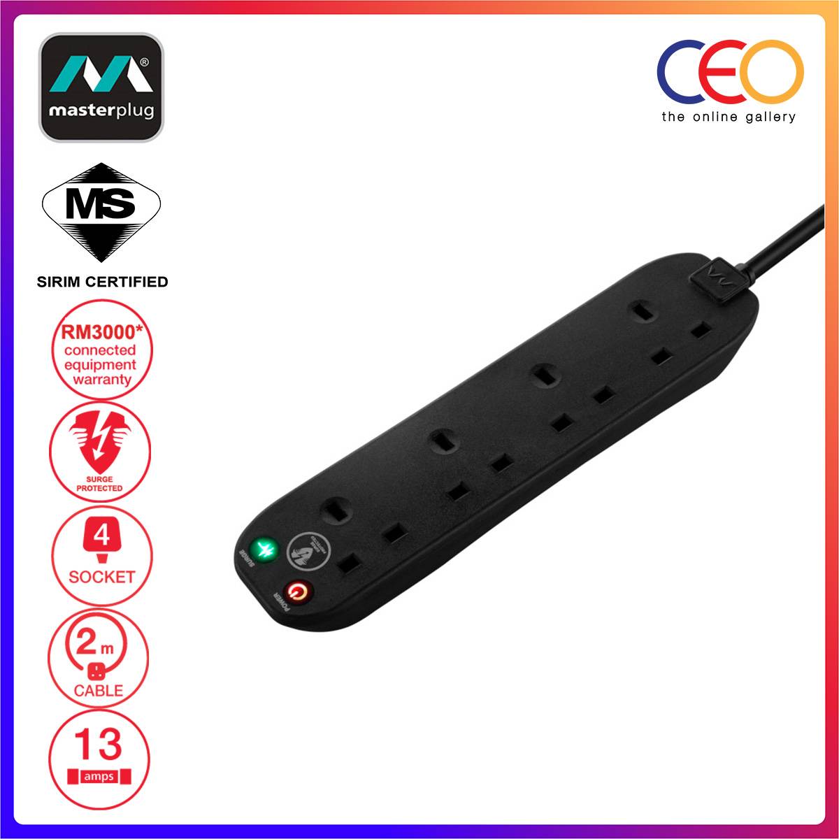 Masterplug Surge Protector 4 Gang 2 Meter Extension Lead SRG42NB