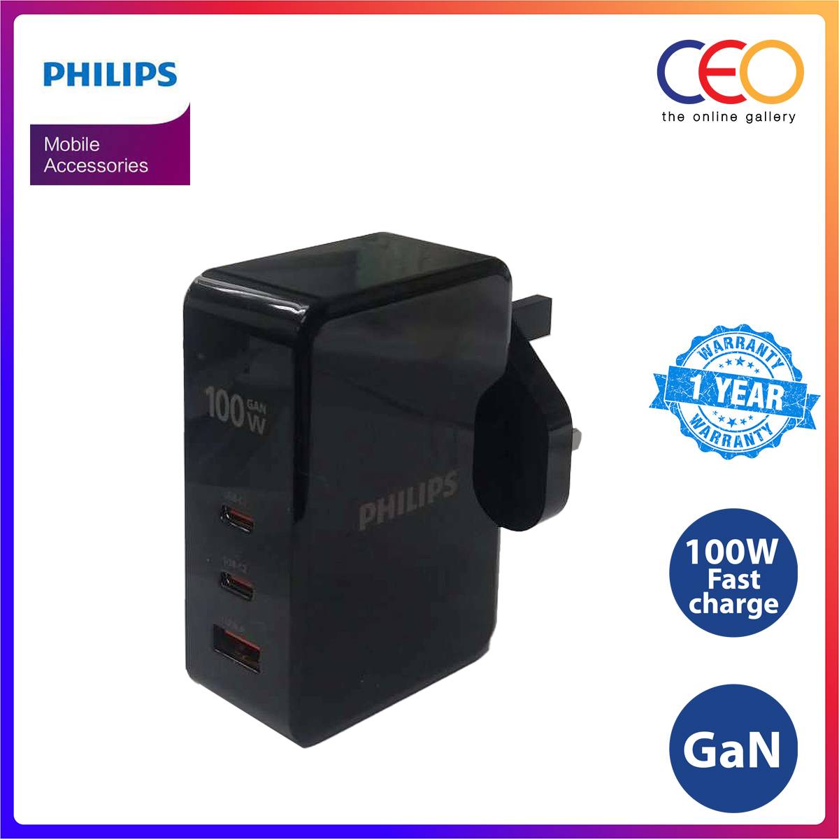 Philips Ultra Fast Wall Charger with USB-C Port 100W Fast Charge 3 pin ...