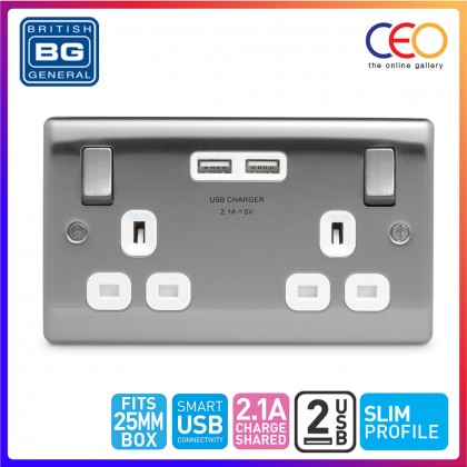 British General 2 Gang Switched Type G Socket Outlet with 2 USB 2.1A ...