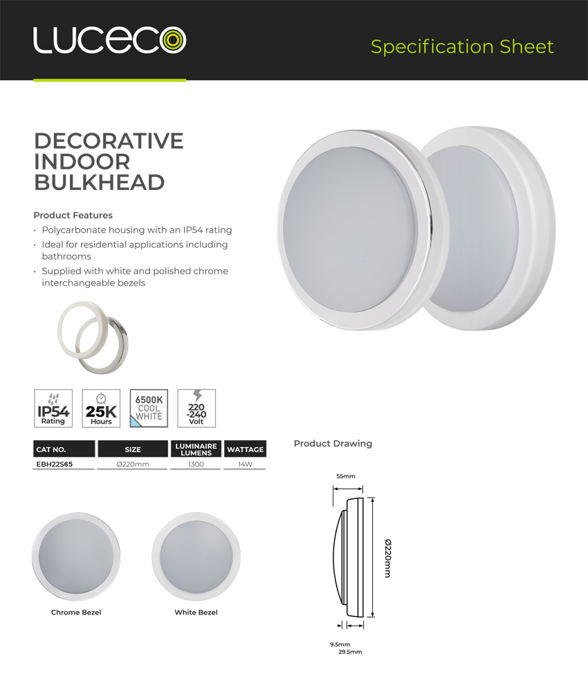 Luceco Eco Decorative Indoor IP54 LED Bulkhead 1250lm 14W Ceiling Light