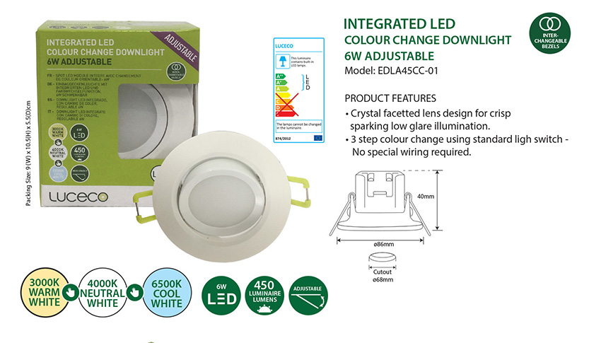 Luceco Integrated LED Colour Change Downlight 6W Adjustable (EDLA45CC-01)