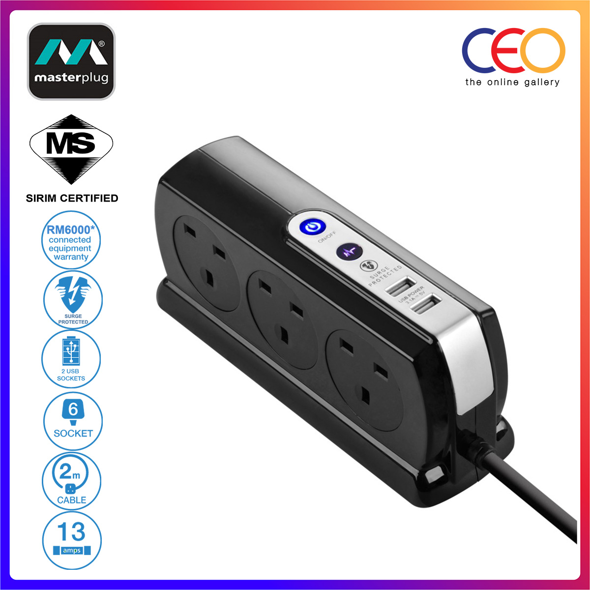 Masterplug Surge Protector 6 Gang 2 3.1A USB 2 Meter Extension Lead ...