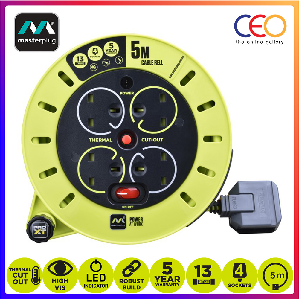 Masterplug Pro-XT 5 Meter 4 Gang 13A Cassette Reel Portable Extension ...