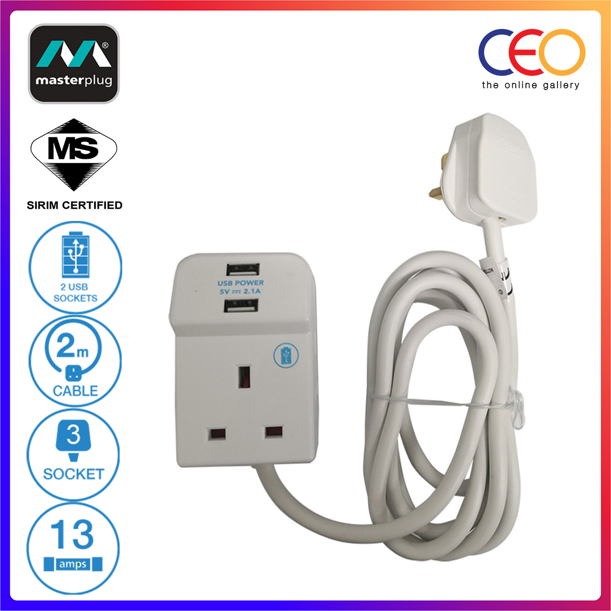 Masterplug 2 USB 2.1A Shared Charging 3 Gang 13amp Electrical Extension ...