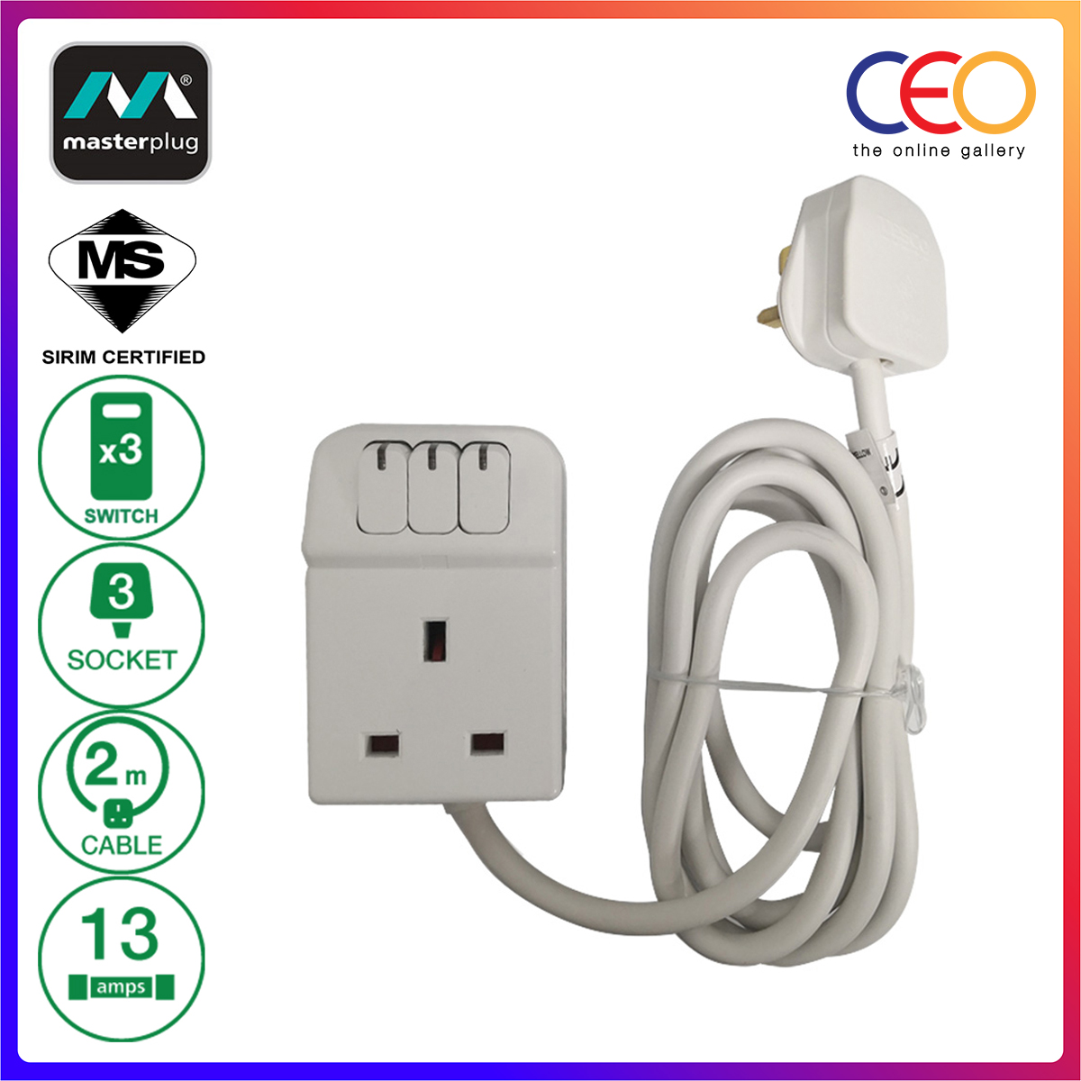 Masterplug Switched Individual Power 3 Gang 2 Meter 13amp Extension ...