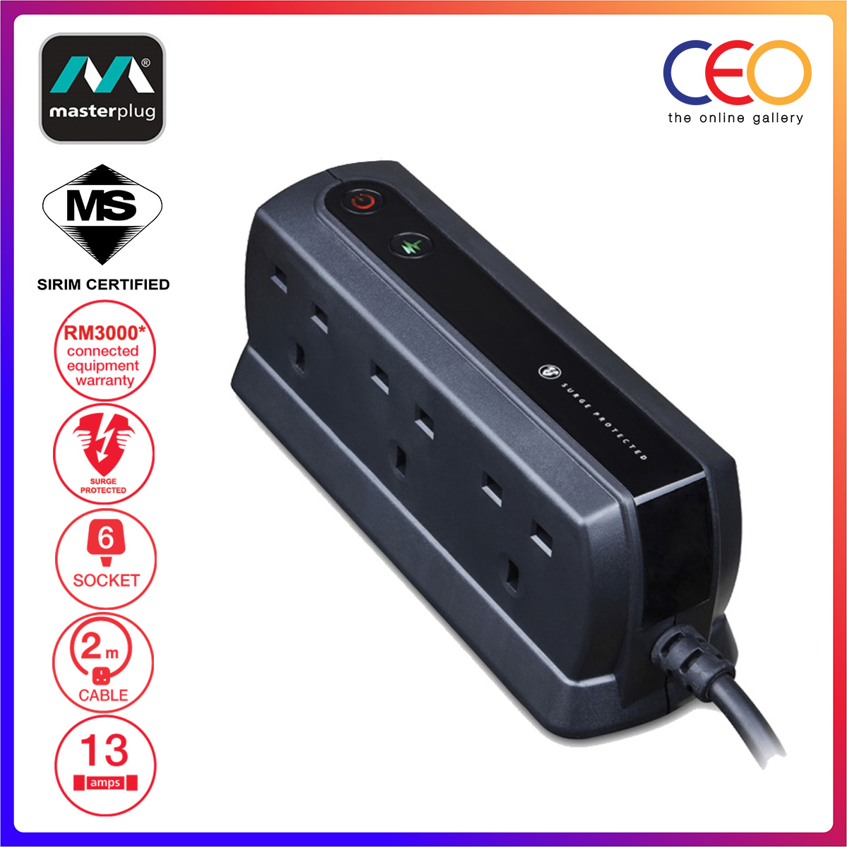 Masterplug Surge Protector 6 Gang 2 Meter Extension Lead SRGD62MB