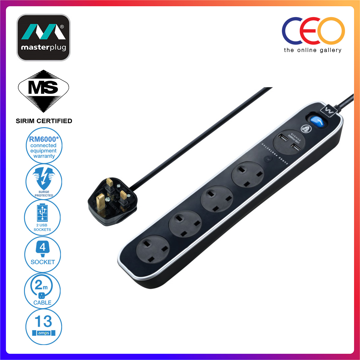 Masterplug Surge Protector 4 Gang 2 USB 3.1A 2 Meter Extension SRGLSU42PB