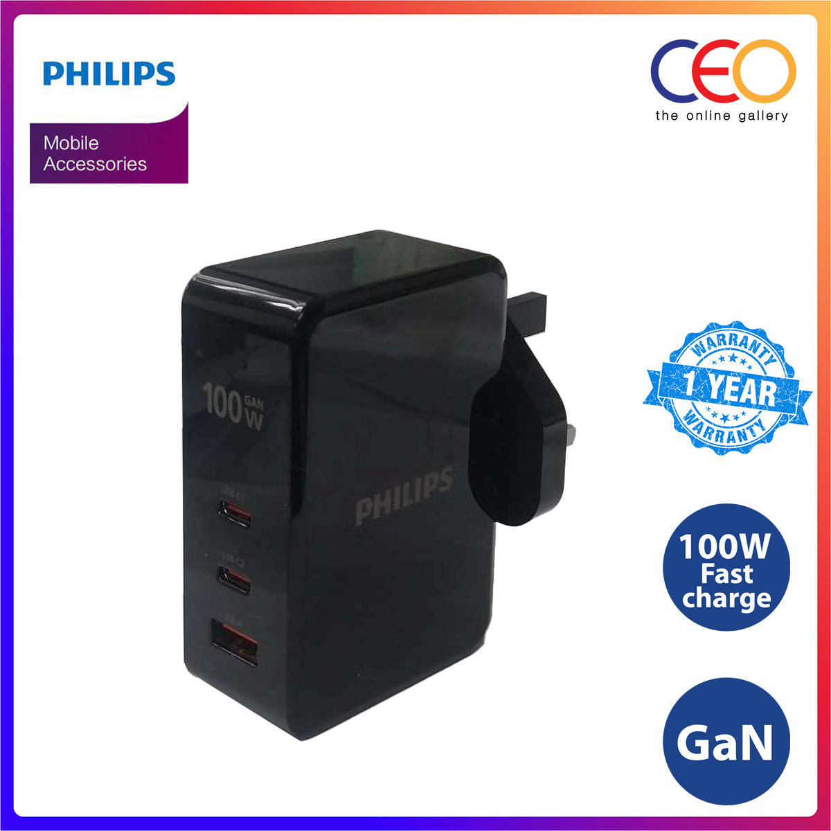 Philips Ultra Fast Wall Charger with USB-C Port 100W Fast Charge 3 pin ...