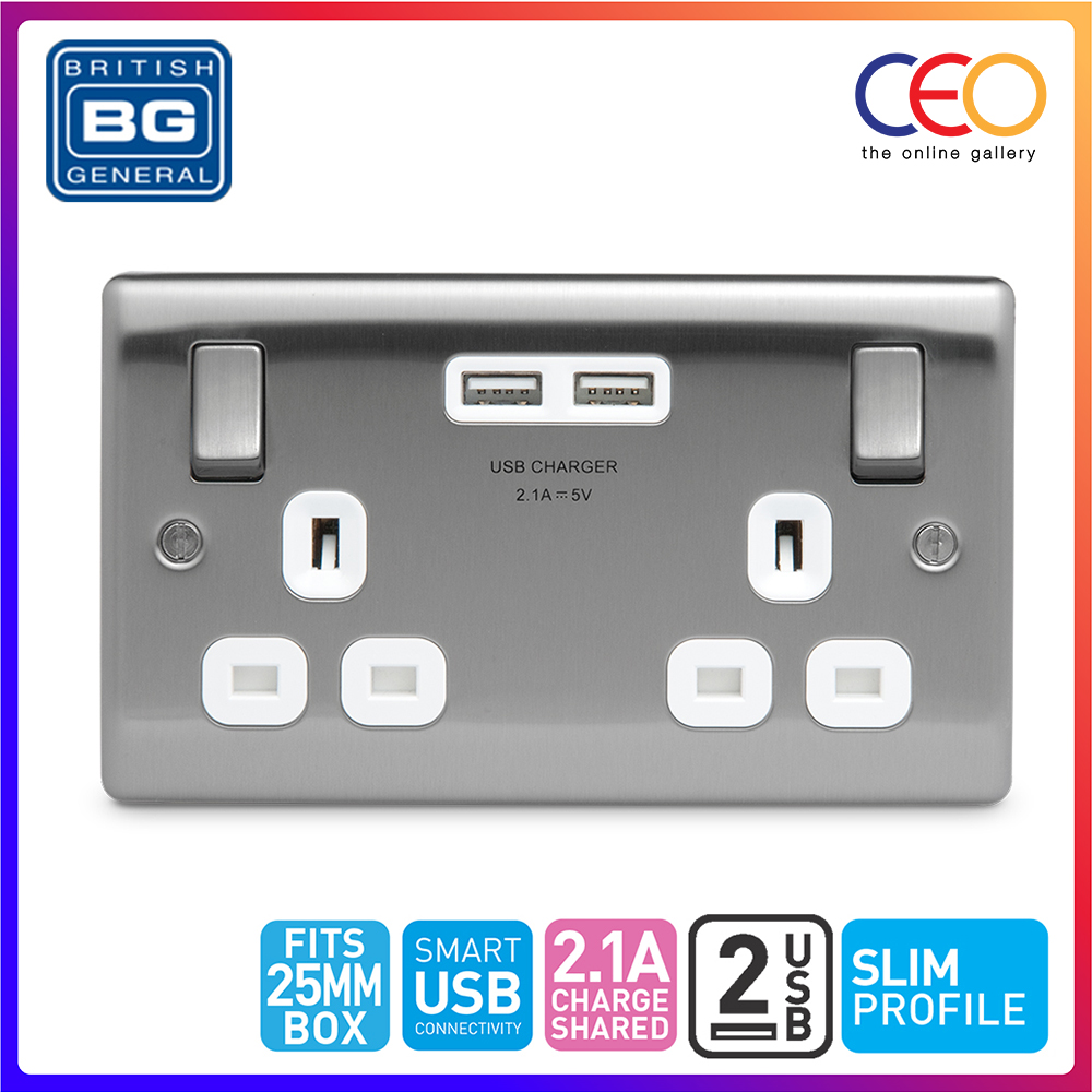 British General 2 Gang Switched Type G Socket Outlet with 2 USB 2.1A ...