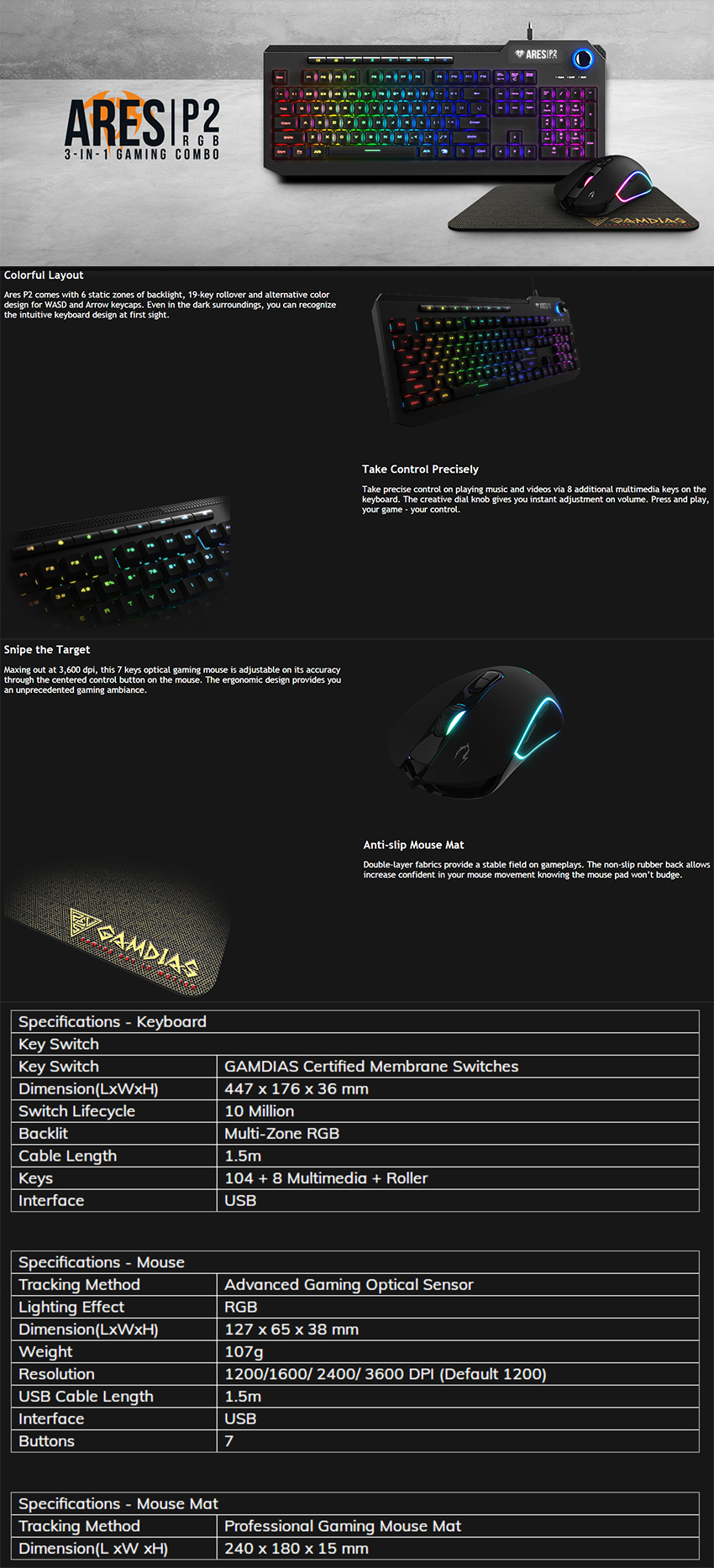 Gamdias Ares P2 3 in 1 Gaming Combo Keyboard Mouse Mousepad