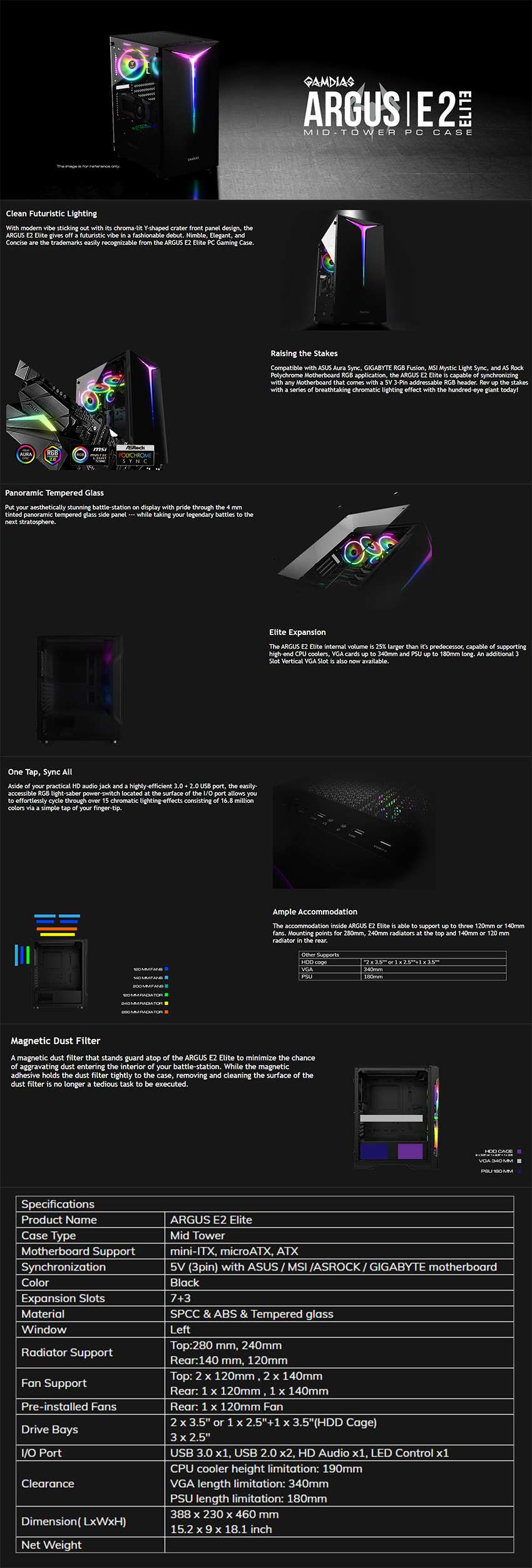 Gamdias ARGUS E2 ELITE Mid-Tower PC Case ATX Micro-ATX Mini-ITX Desktop ...