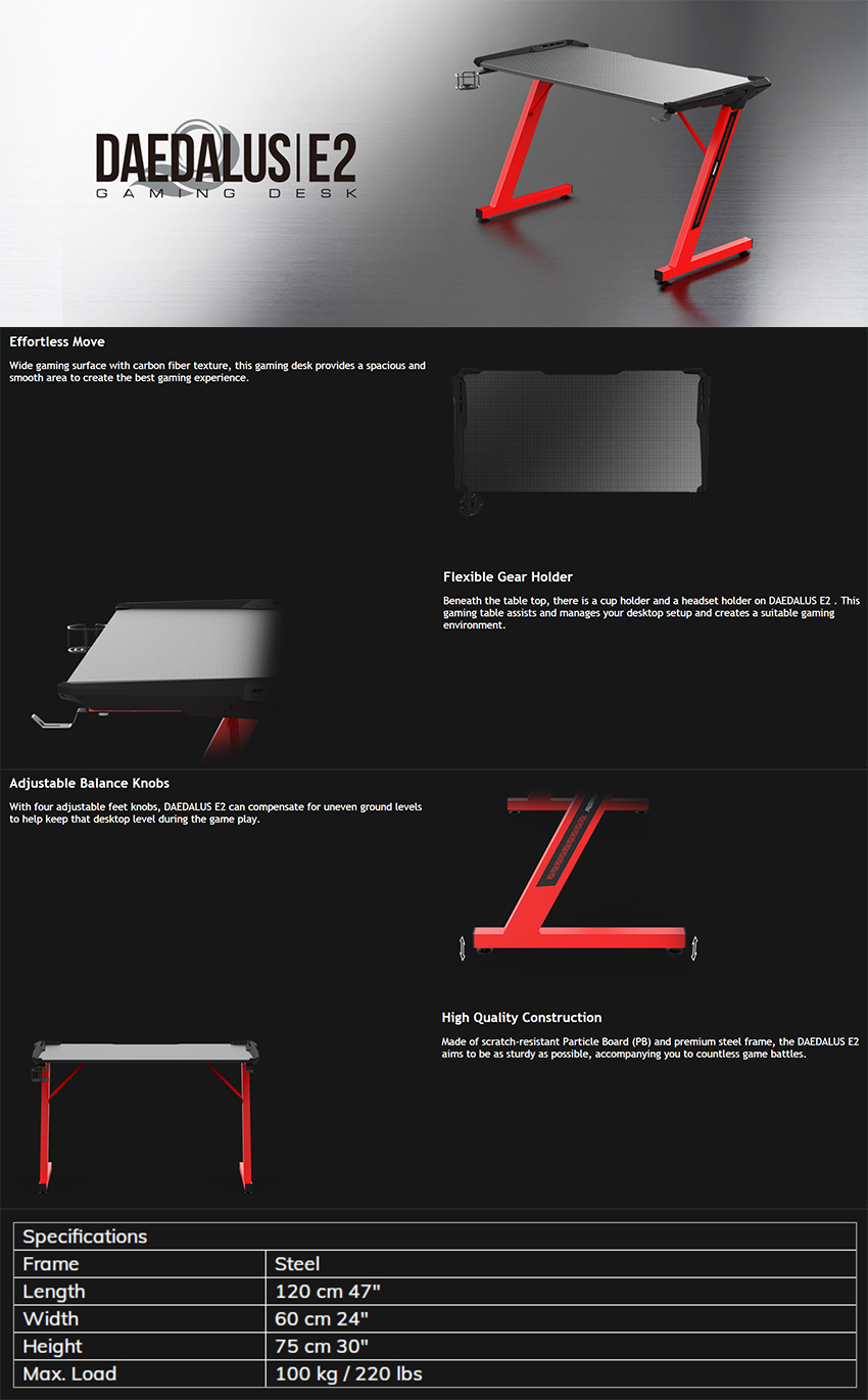 Gamdias DAEDALUS E2 Gaming Desk Steel Frame Gaming Table Carbon Fiber ...