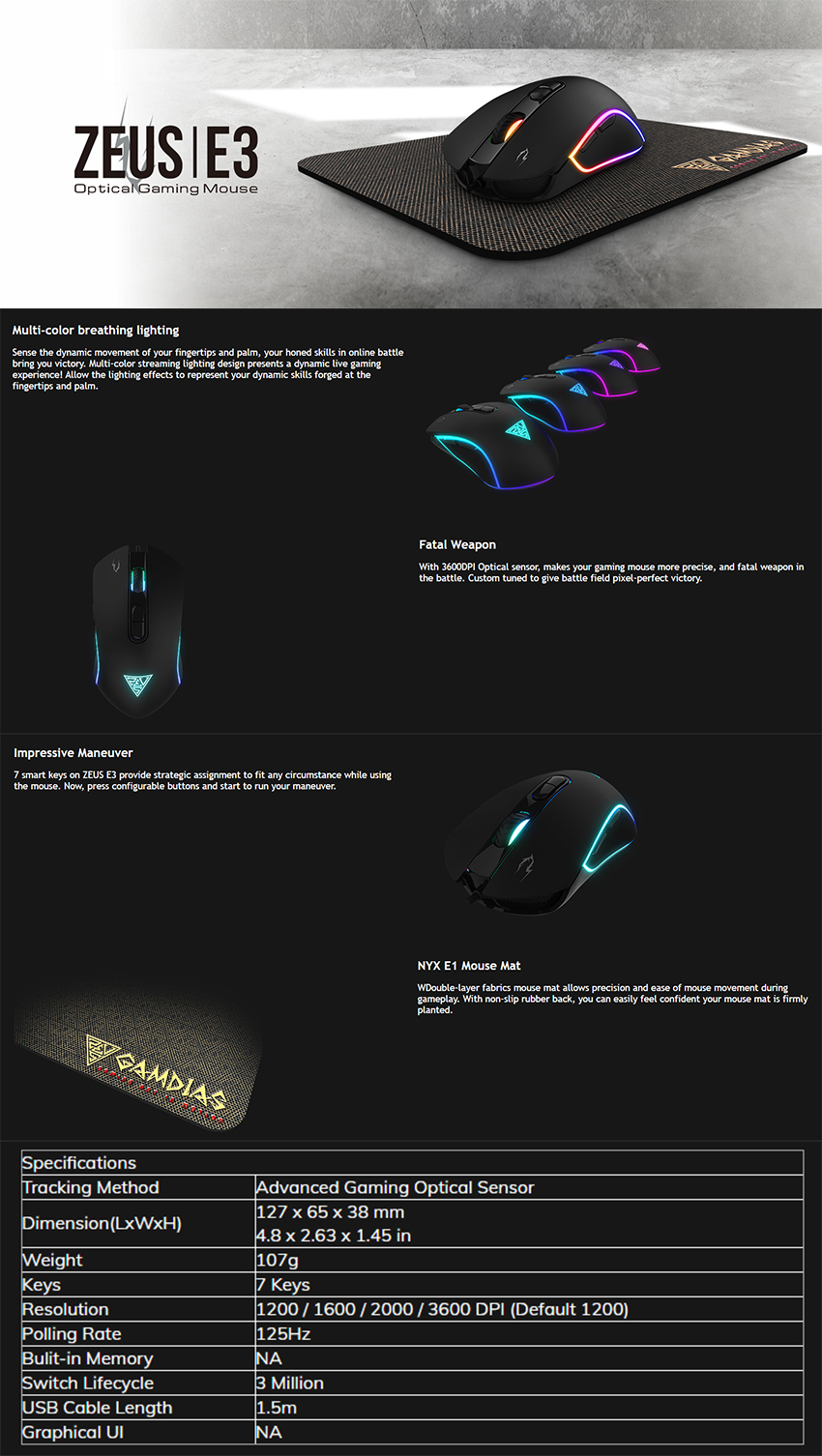 Gamdias ZEUS E3 Multi Color Optical Gaming Mouse 3600 DPI Mice Combo ...