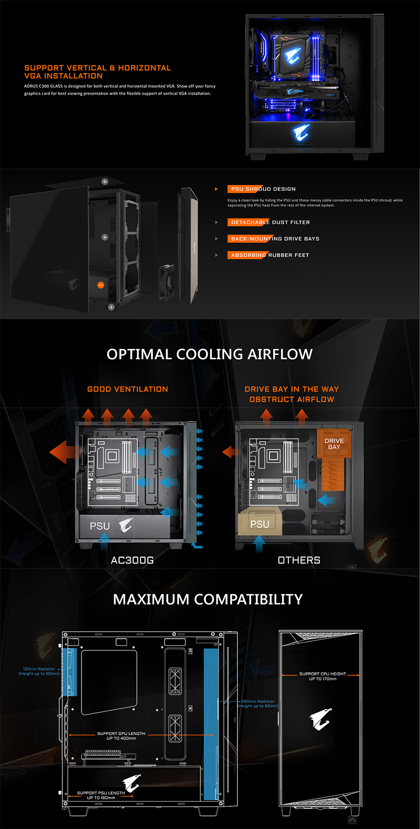 Gigabyte AORUS C300 Glass Full-Size 4mm Tempered Glass Side Panel Mid ...