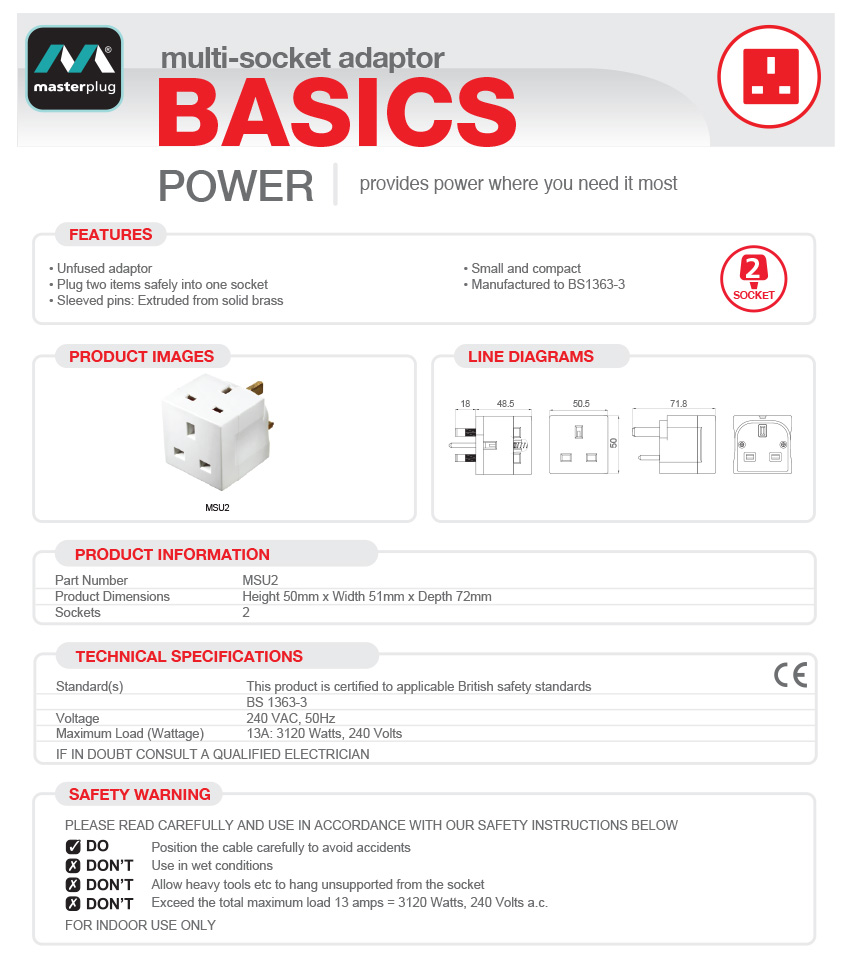 Masterplug Basic 2 Gang Unfused 3 Sleeved Pin Socket Adaptor Multi ...