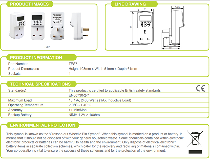 Masterplug 24 Hours 7 Days Programmable Electronic Timer TES7 MP 
